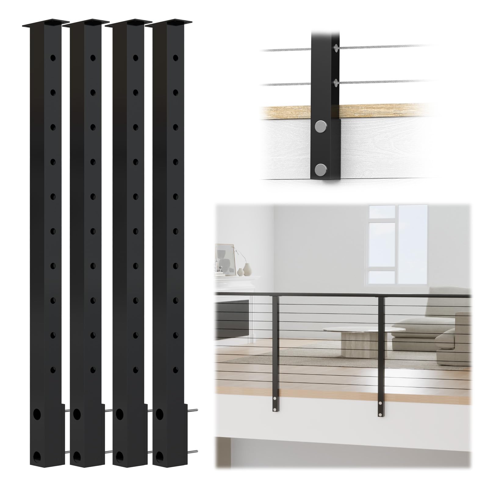 Muzata 4Pack Black Side Mount Cable Railing Post 36 Inch 36"x2"x2 ...