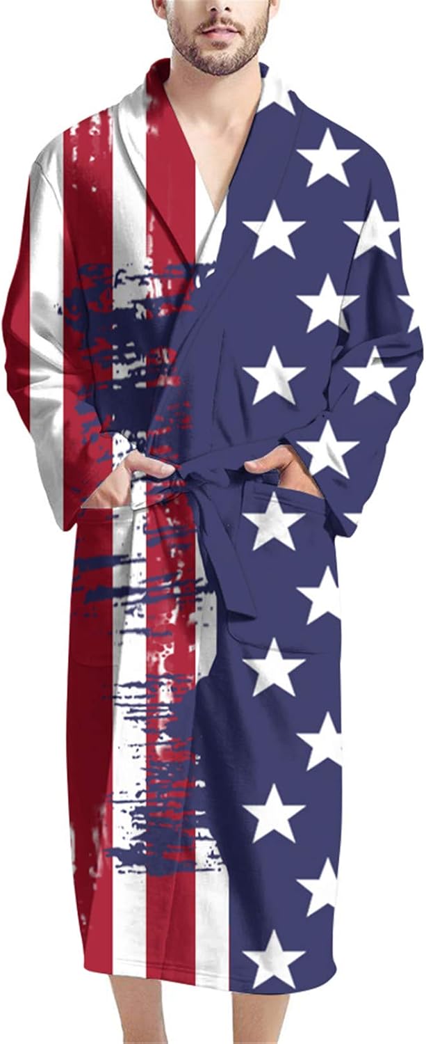 INSTANTARTS Men Bathrobe American Flag Print Casual Indoor Robe Plush ...