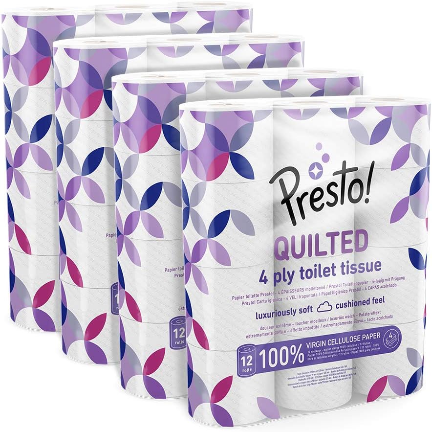 Amazon Brand – Presto! 4-Ply Quilted Toilet Tissues, 48 Rolls (4x 12 x ...