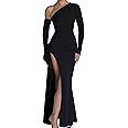 Amazon.com: Memoriesea Women's One Shoulder Long Sleeve Sexy High Slit Wedding Guest Party Maxi ...