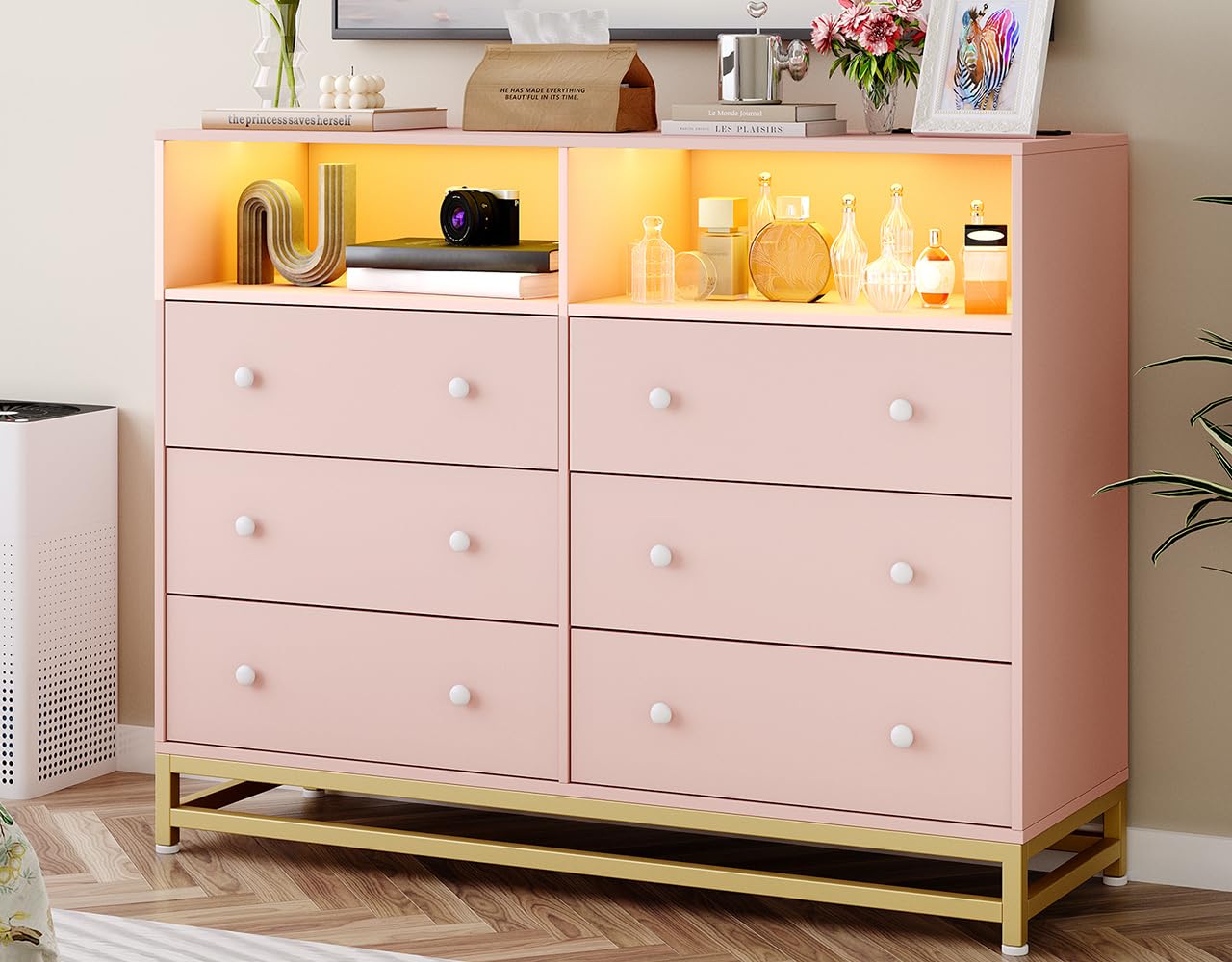 Patikuin Pink Dresser for Bedroom with LED Light & Charging Station, 6 ...