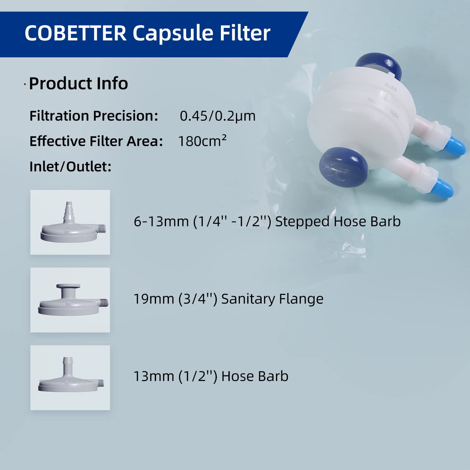 COBETTER Capsule Filter With Hydrophilic PVDF Membrane 0.45/0.2μm, 180cm² Filter Area, 19mm (3/4 ...