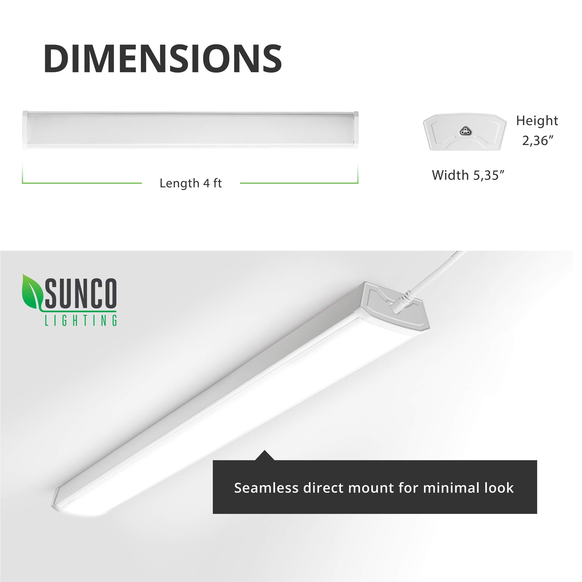 Sunco Lighting 2 Pack Wraparound LED Shop Light, 4 FT, Linkable, 40W ...