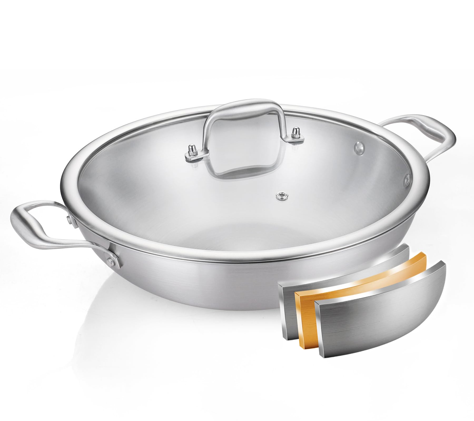 DELARLO Tri-Ply Stainless Steel Flat Bottom Wok, 13 Inch Braiser Pan ...