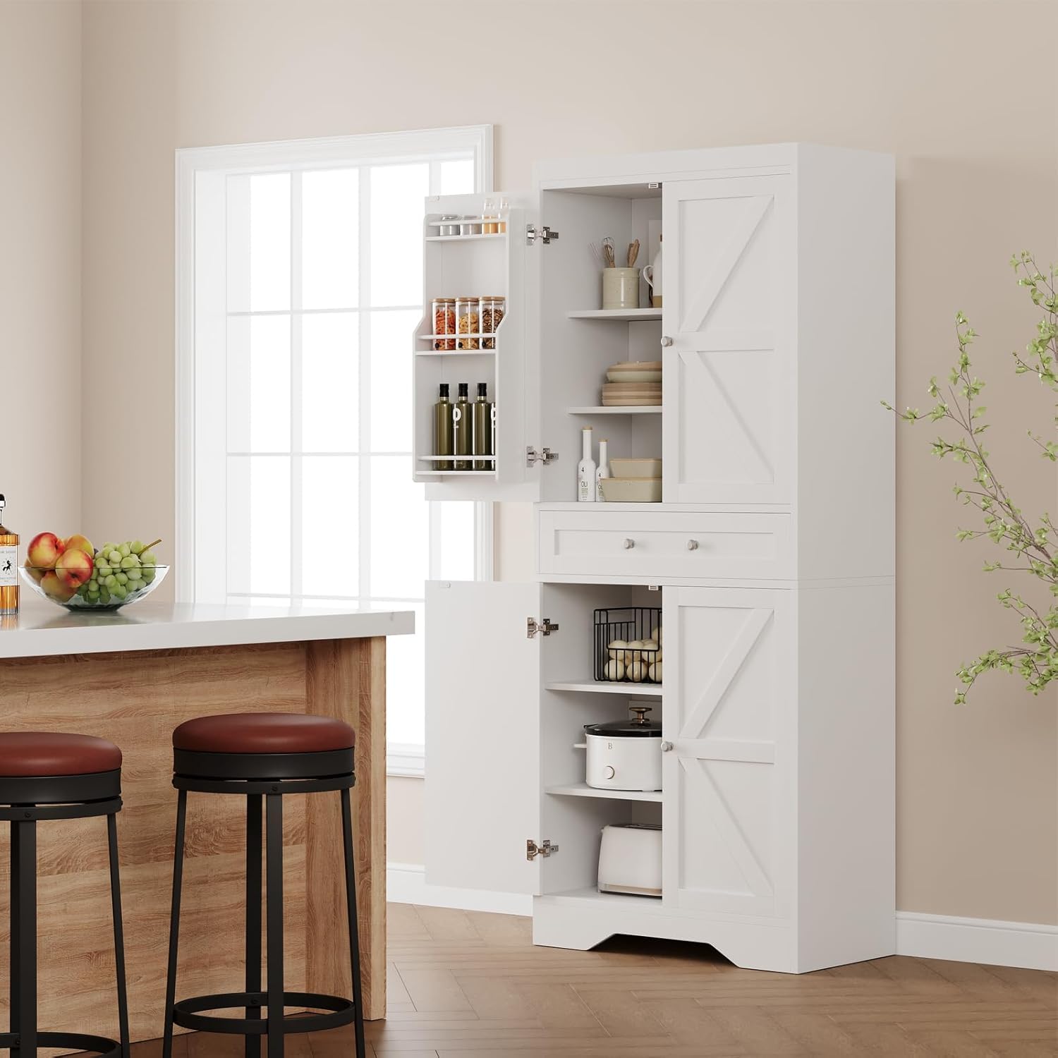 72" Tall Kitchen Pantry Storage Cabinet with Barn Doors Shelves ...