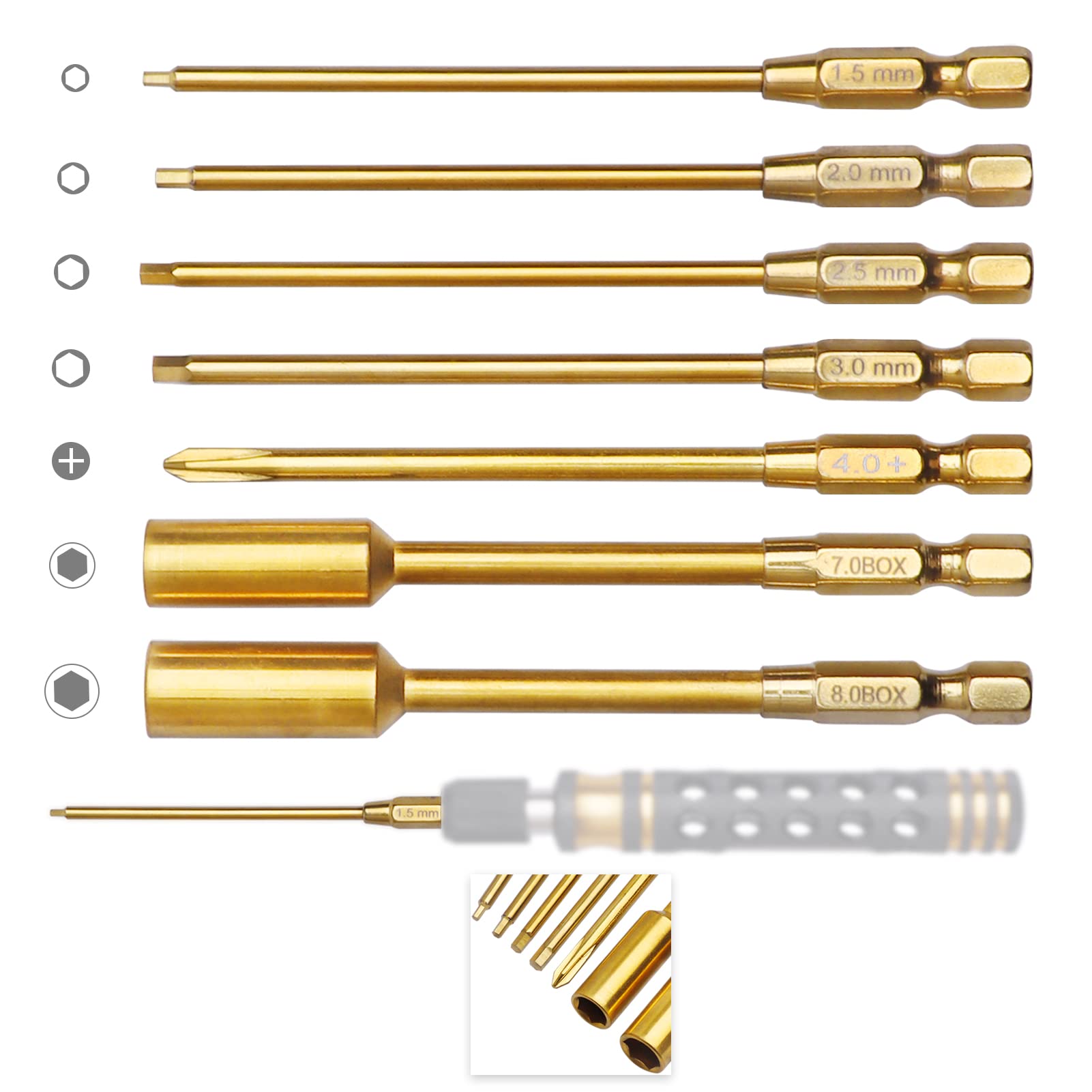 FriHobby 1/4" Titanium Driver Drill Bits Set 1.5mm 2mm 2.5mm 3mm Hex ...
