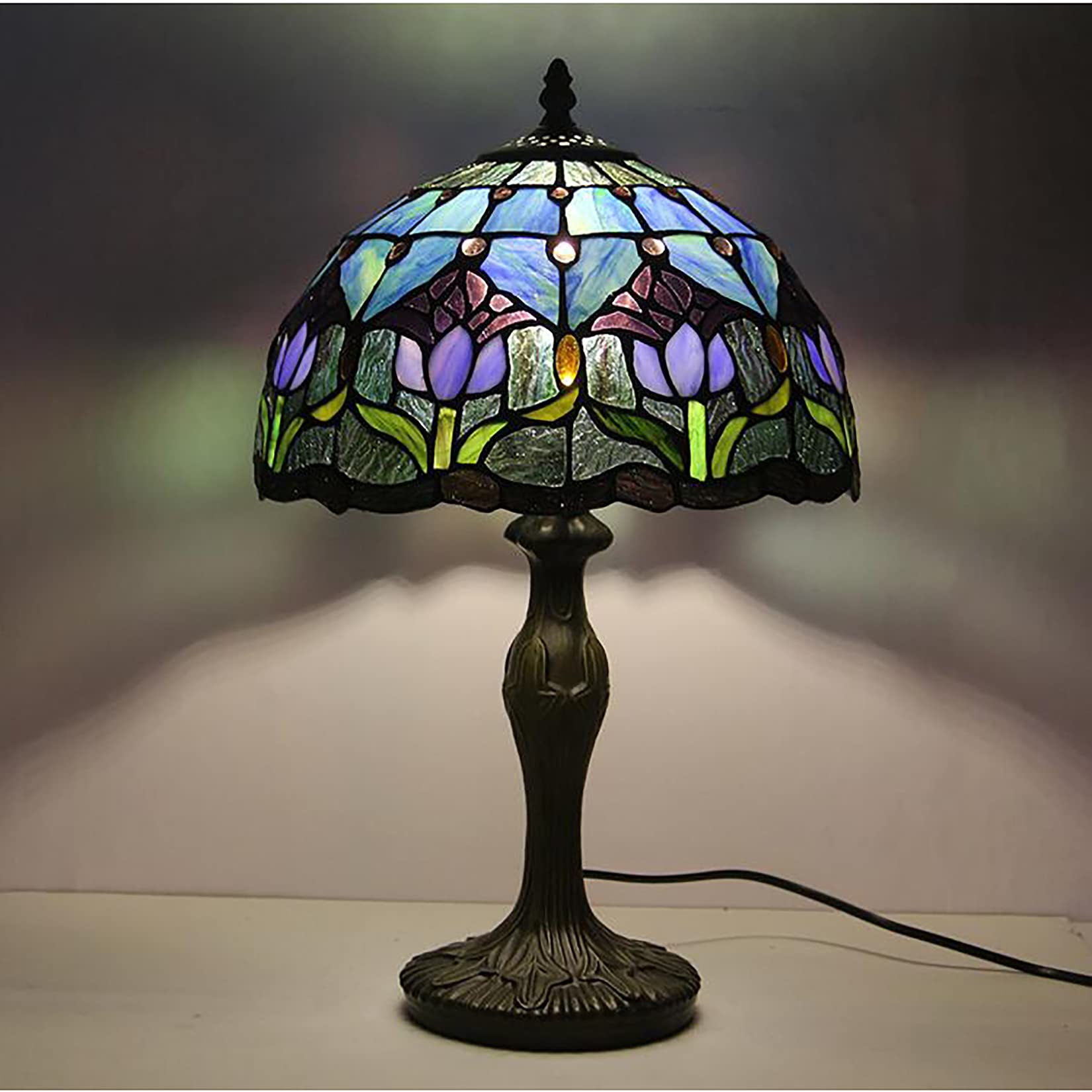 Tiffany Style Table Lamp Stained Glass Lamp Shade Purple Tulip Flower ...