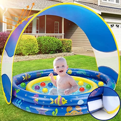 Inflatable Baby Splash Pad Pool with Canopy Annular Kiddie Pool with ...
