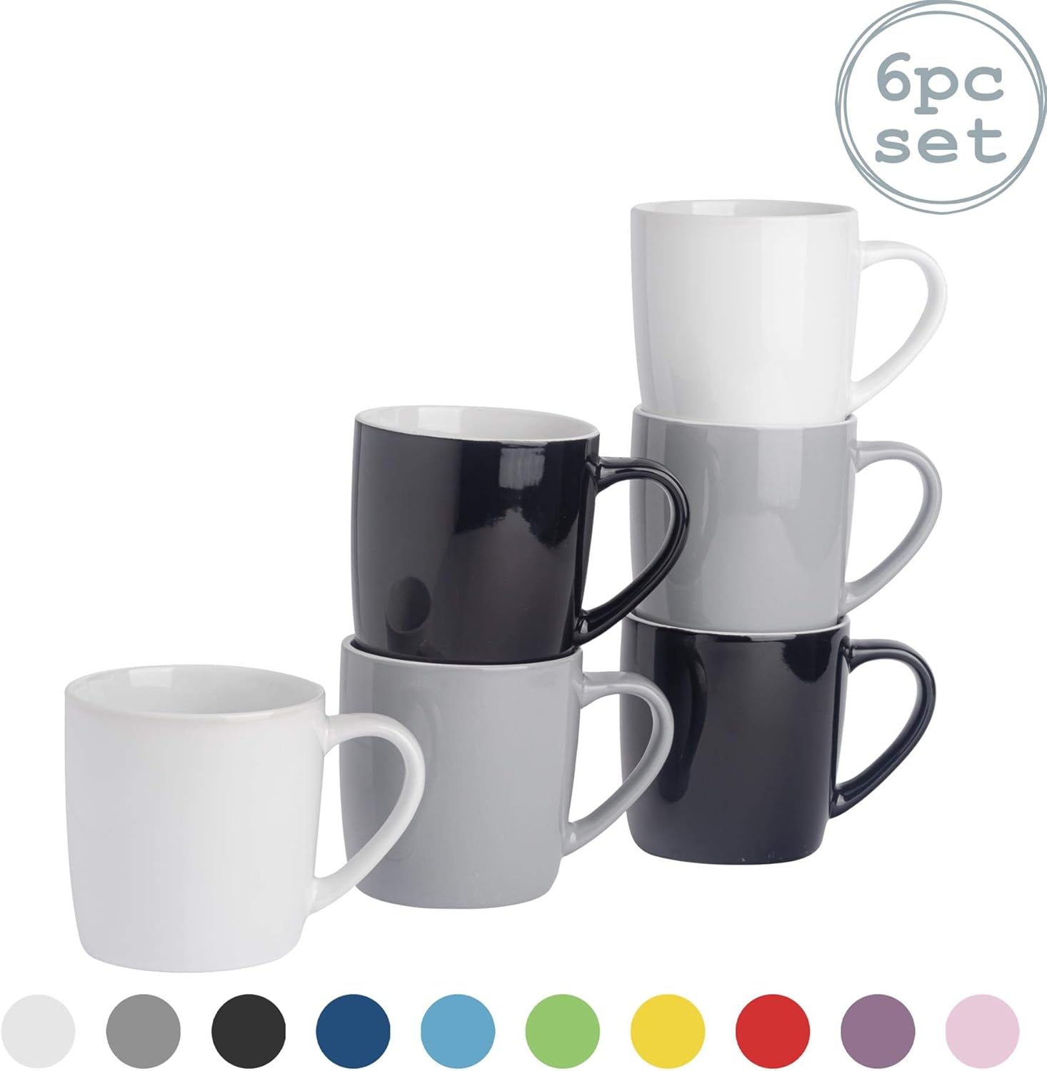 Argon Tableware Tea Coffee Mugs - 6pc Contemporary Coloured Ceramic ...