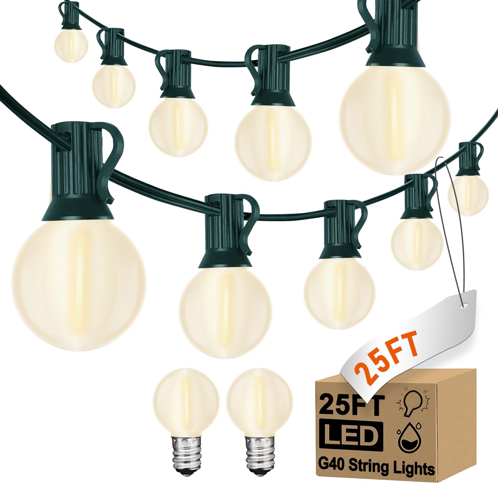 Konictom 25ft Outdoor Christmas LED String Lights,G40 Frosted White ...