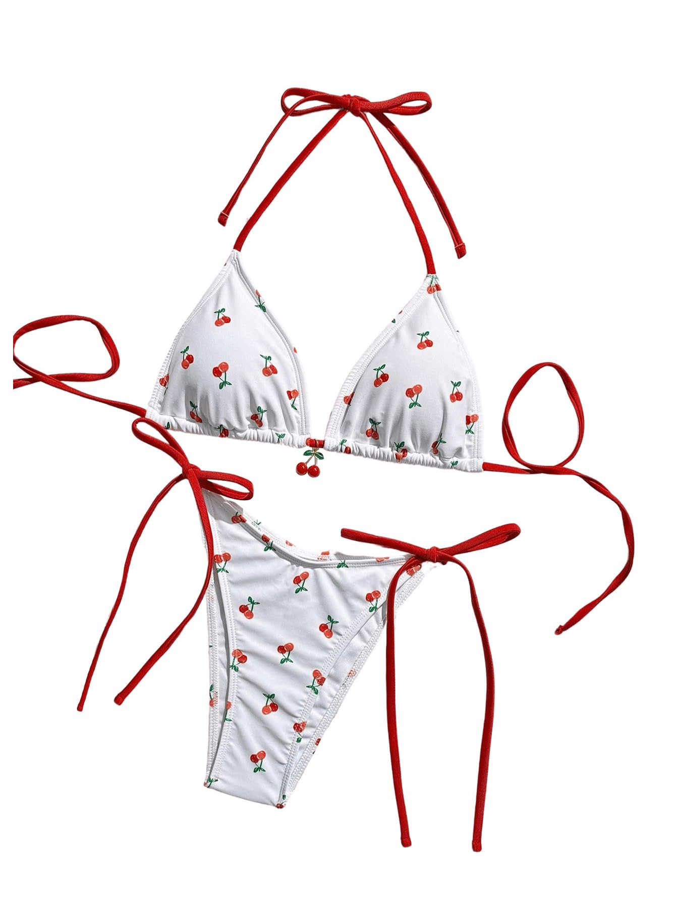 WDIRARA Women's 2 Piece Swimsuit Cherry Print Bikini Set Halter ...