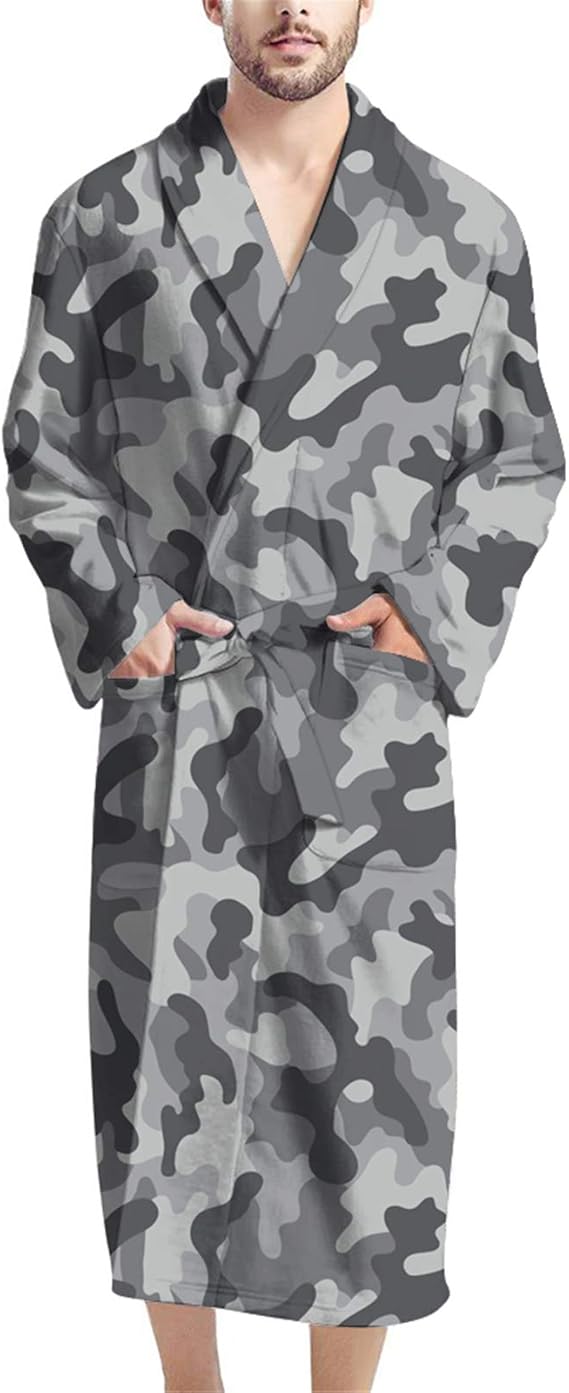 Howilath Mens Fleece Robe Gowns Bathrobe Warm and Cozy, Camo Grey ...