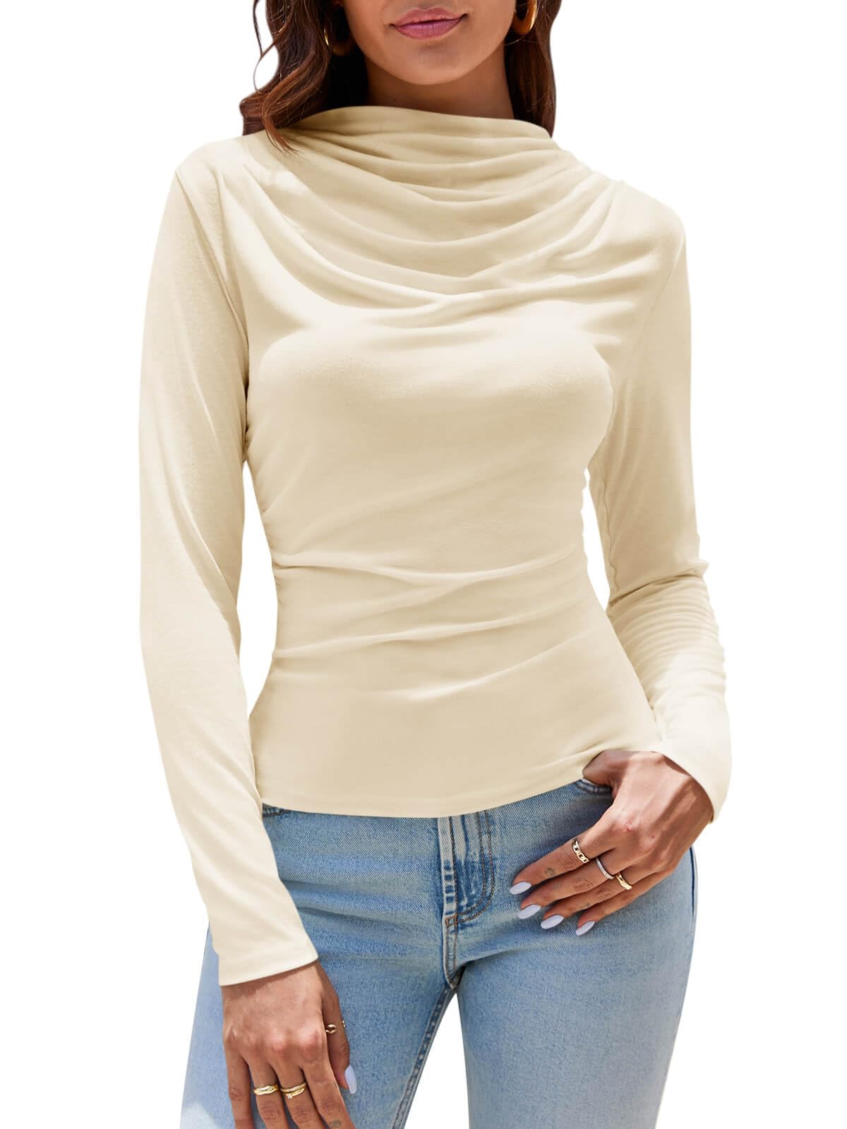Tankaneo Womens Cowl Neck Tops Long Sleeve Ruched Fitted Draped ...