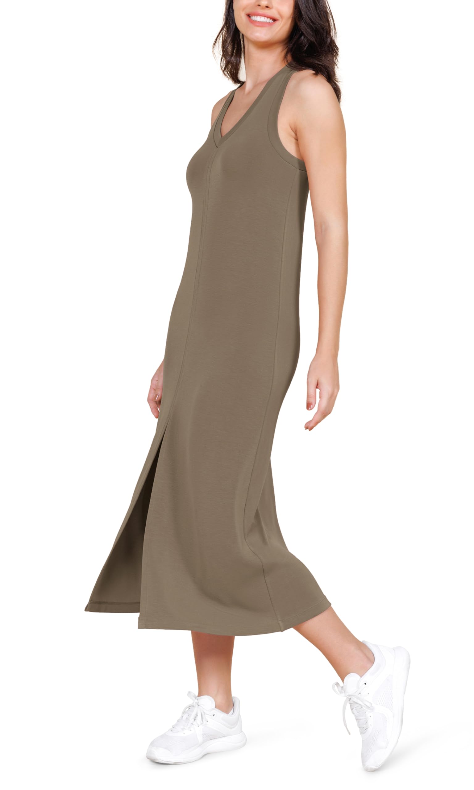 ODODOS Modal Soft Front Split Midi Dress for Women, V Neck Sleeveless ...