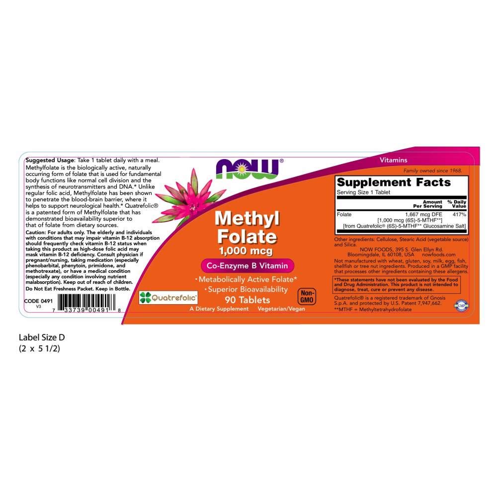 NOW Supplements, Methyl Folate 1,000 mcg, Metabolically Active Folate ...
