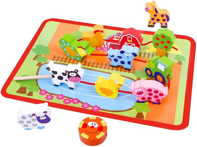 Tooky Toy TKB510, Granja para enlazar con tablero, Juguete educativo de madera para practicar ...