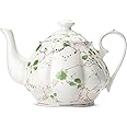 Amazon.com | BTaT- Floral Tea Pot, 38 oz, White with Green Roses & Gold ...