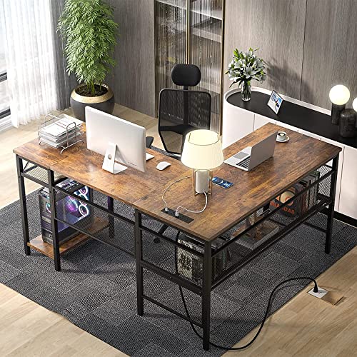 L Shaped Desk with USB Charging Port and Power Outlet, Reversible L ...