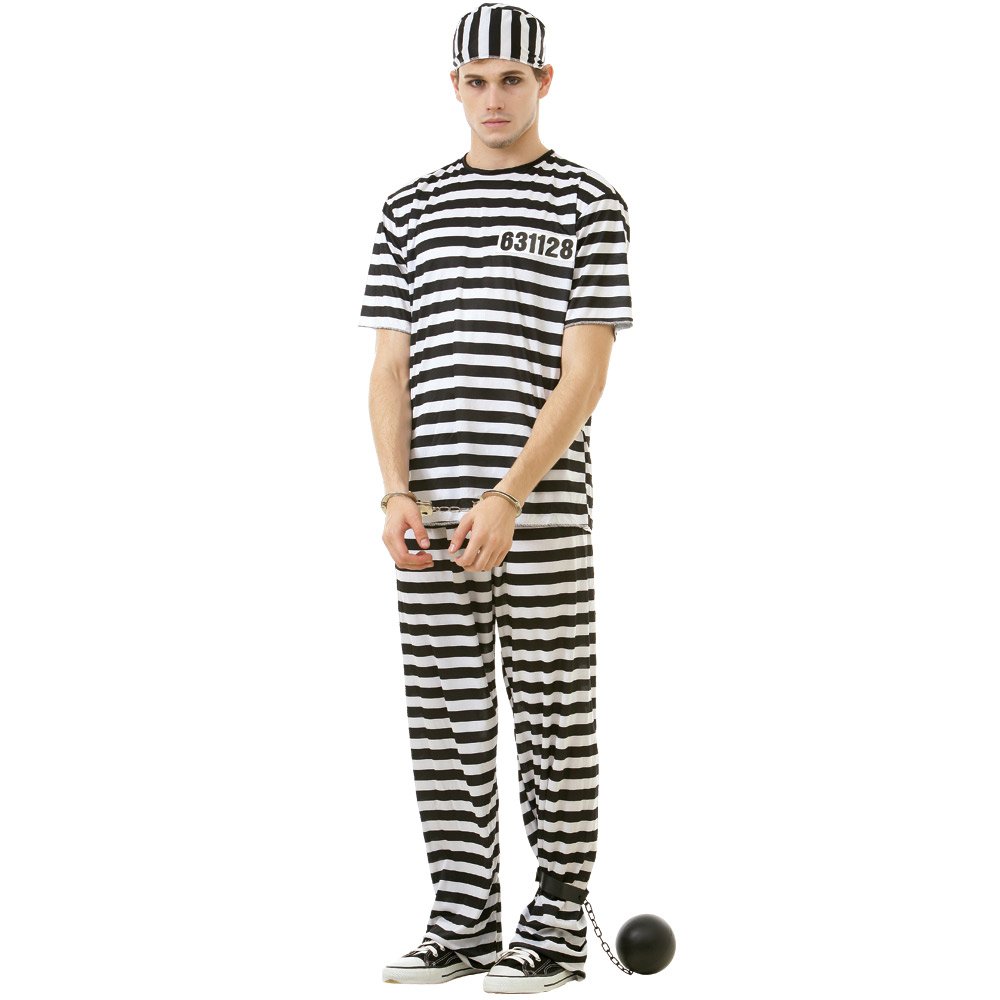 Classic Crook Men's Halloween Costume Jailbird Convict Striped Prisoner ...