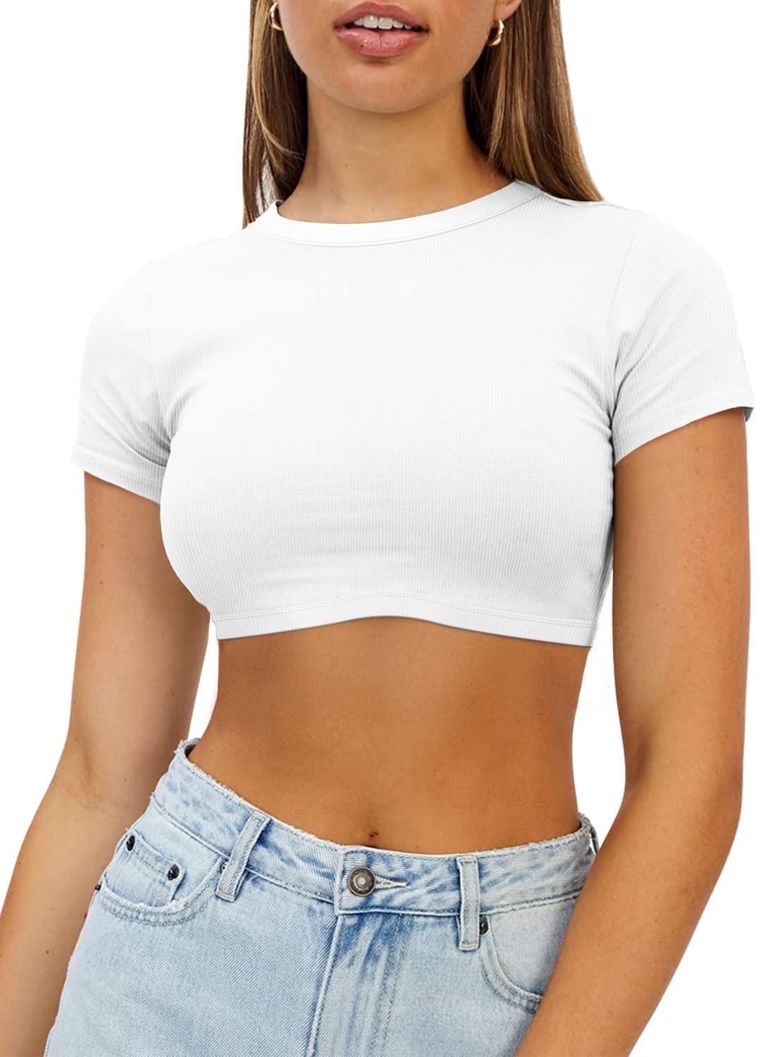 Haochic Womens White Cropped Top Summer Shirt Basic Short Sleeve Fitted