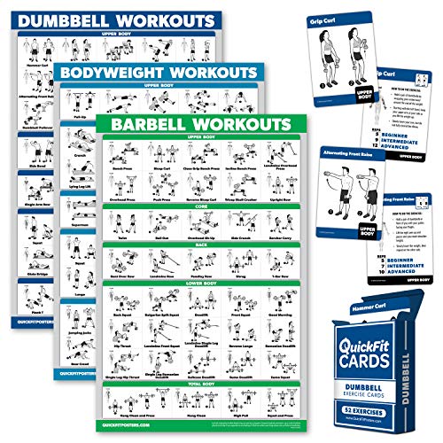 4 Pack: Dumbbell + Bodyweight + Barbell Workout Poster Set + Dumbbell ...