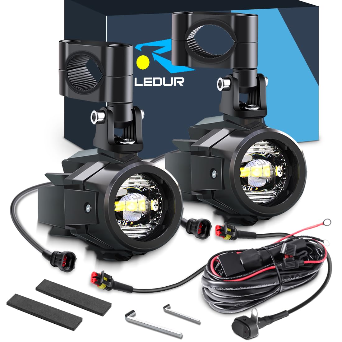 LEDUR Motorcycle LED Fog Light Kit Spot Auxiliary Driving Lights with Switch Wiring Harness ...