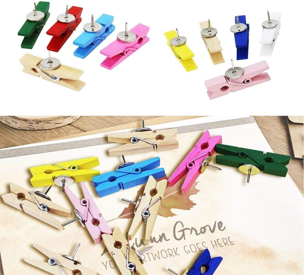 Push Pins with Wooden Clips 50Pcs Thumbtacks Pushpins Creative Paper ...