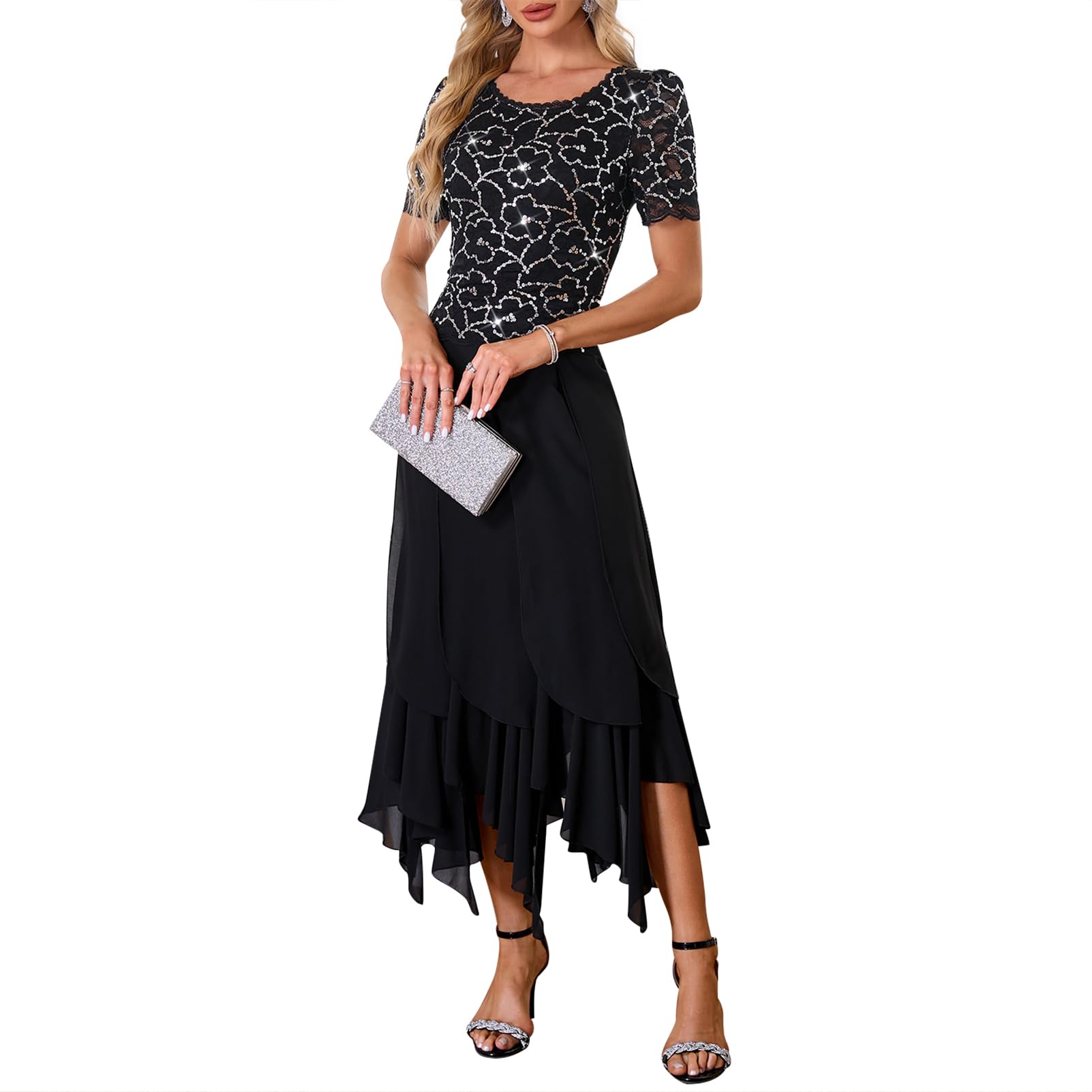 Cololura Women Floral Lace Patchwork Sequin Ruffle Hem Bodycon Party ...