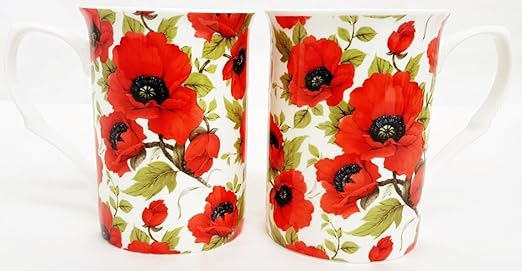 Red Poppy Mugs Set of 2 Fine Bone China Floral Poppies Cups Hand ...