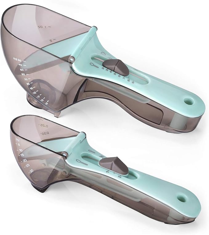 2 x Adjustable Measuring Cups and Spoons Sets, Plastic Markings ...