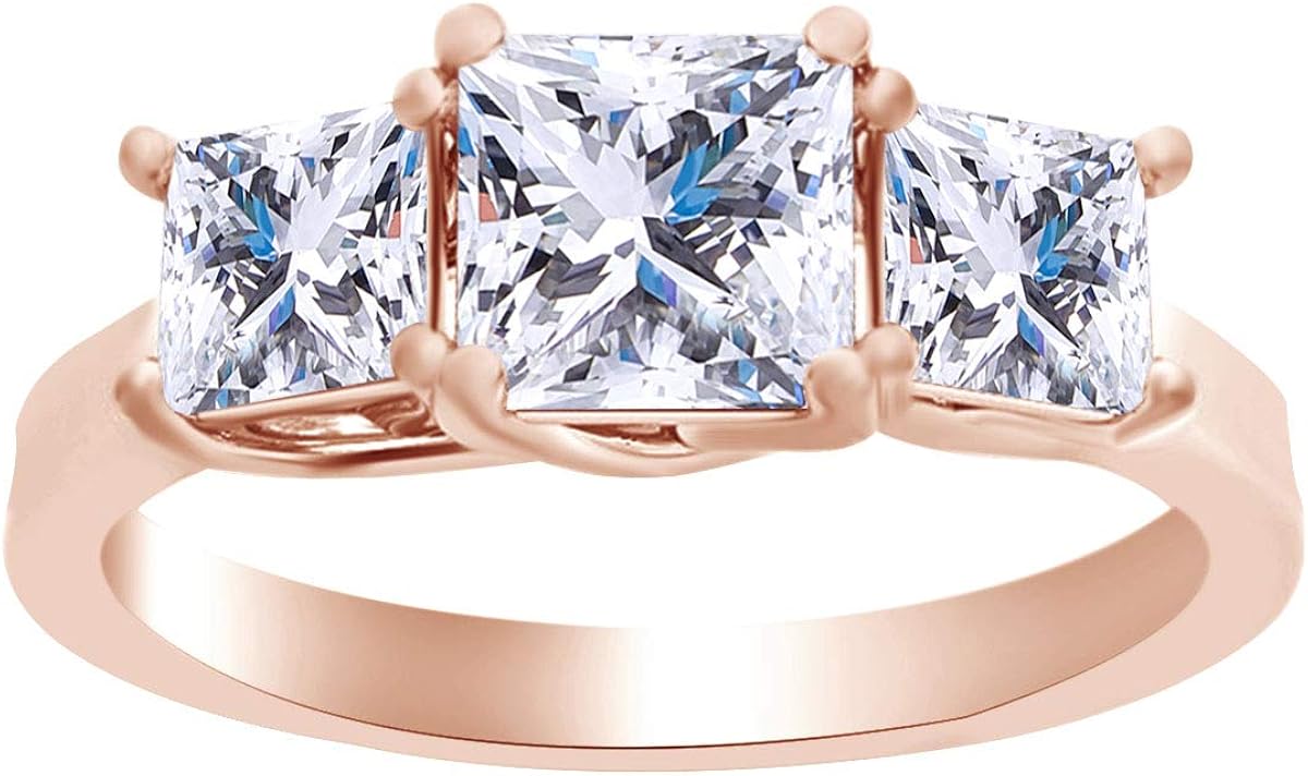 Princess Shape White Natural Diamond Three Stone Engagement Ring In 14k ...