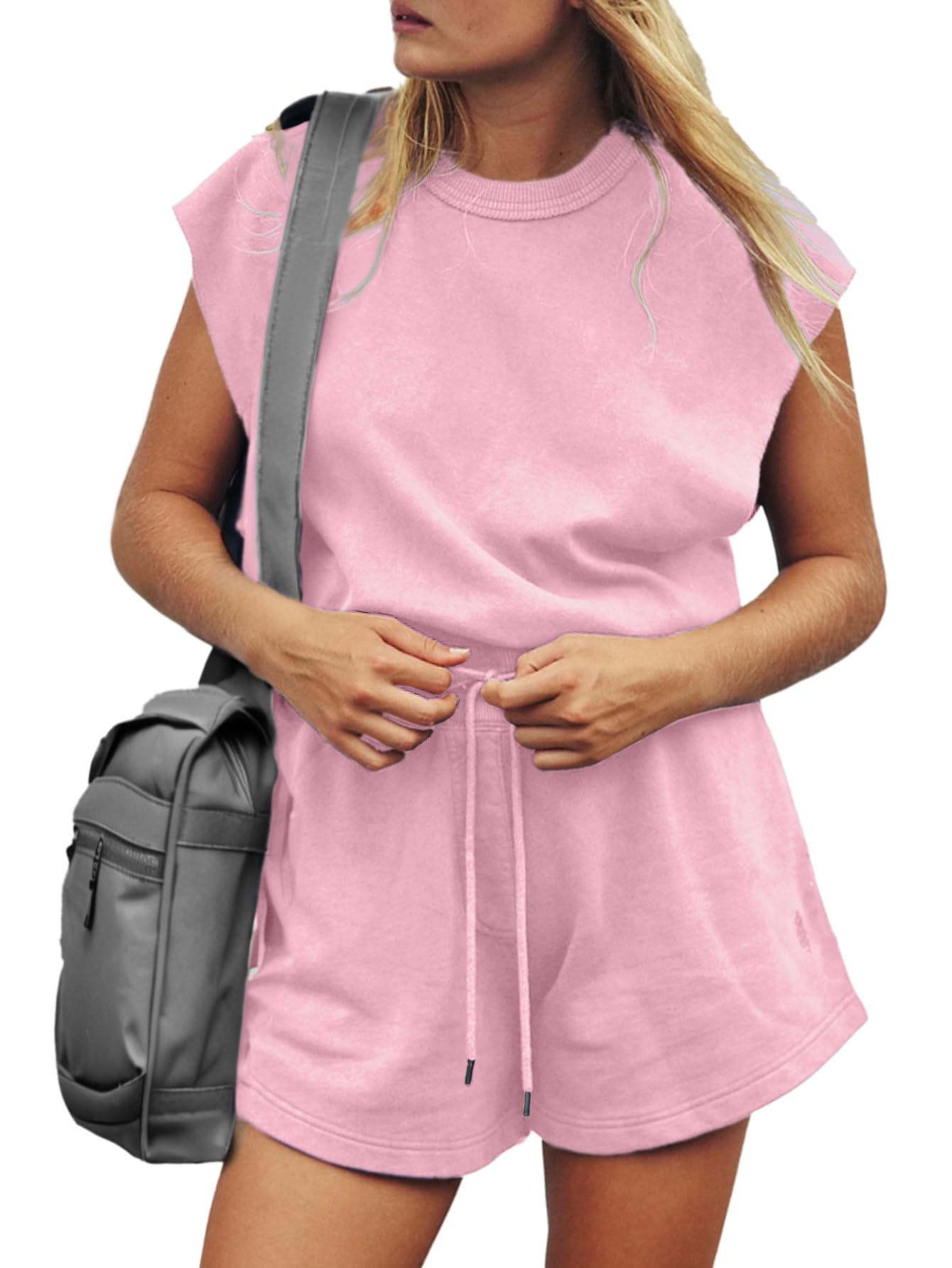 Glamaker Womens Athletic Romper Loose Crewneck Short Jumpsuit Open Back ...