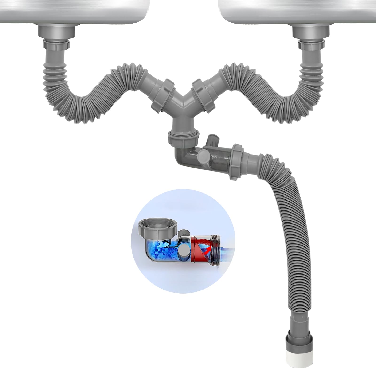 Qruilantu Double Sink Drain Kit Flexible 1 1 2 Inch P Trap Pipe Comes With Visual One Way Drain