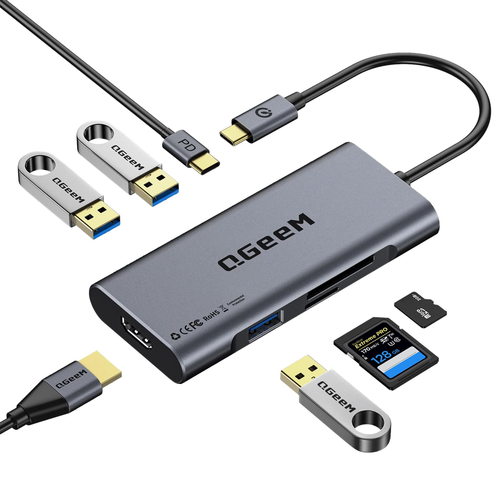 USB C Hub, QGeeM USB C 4k HDMI Adapter,7 in 1 USB C Dongle with 100W PD ...