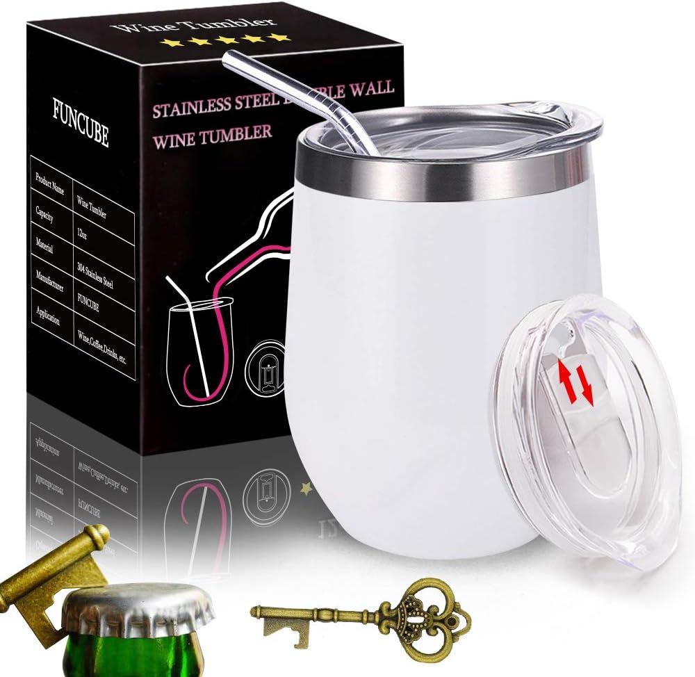 Spill Proof Wine Tumbler with Lid and Straw, FUNCUBE 12oz Stainless ...