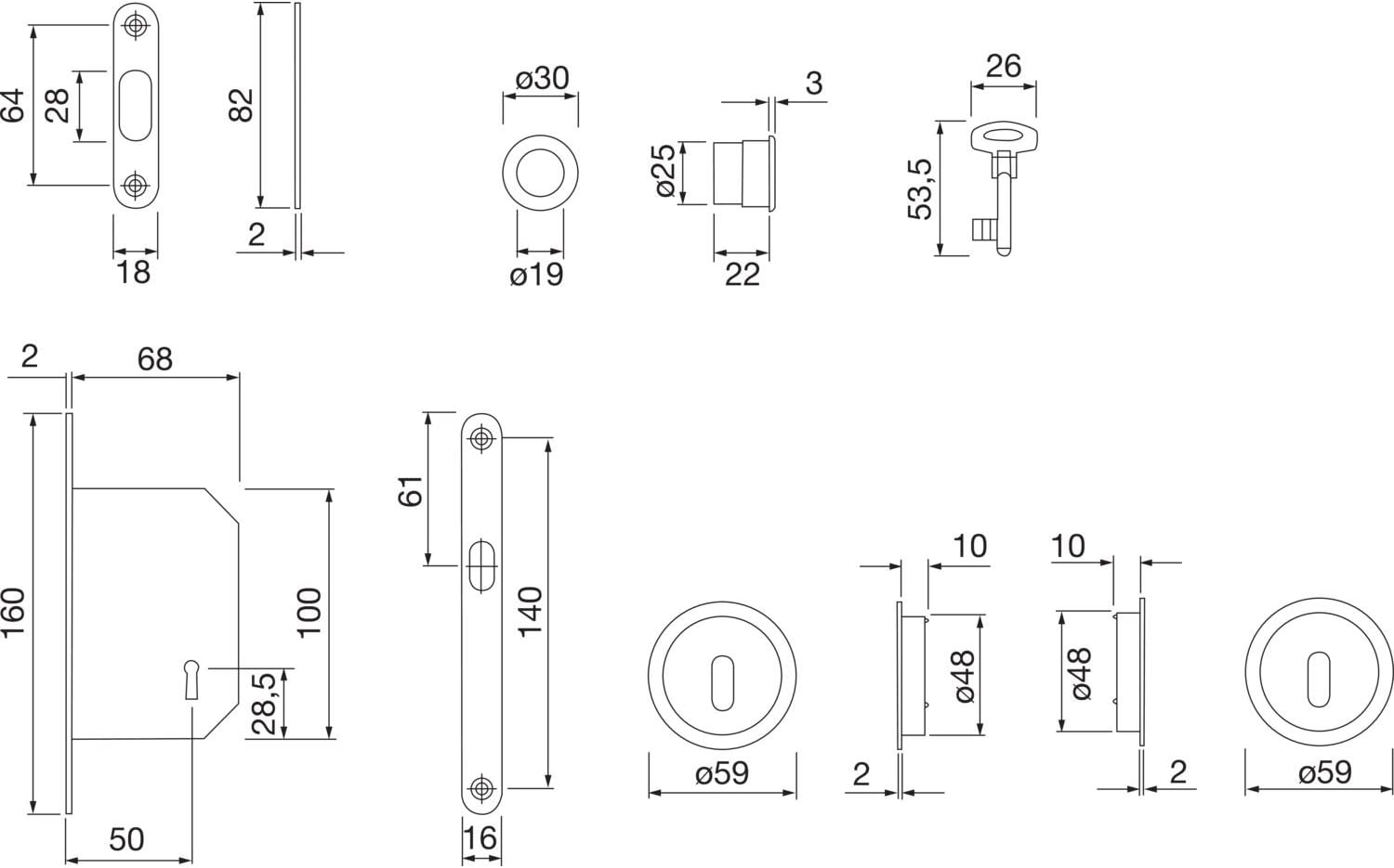 Hoppe, 3947902, Sliding Door Shell Set, 4920, with Lock, Round Rosette ...