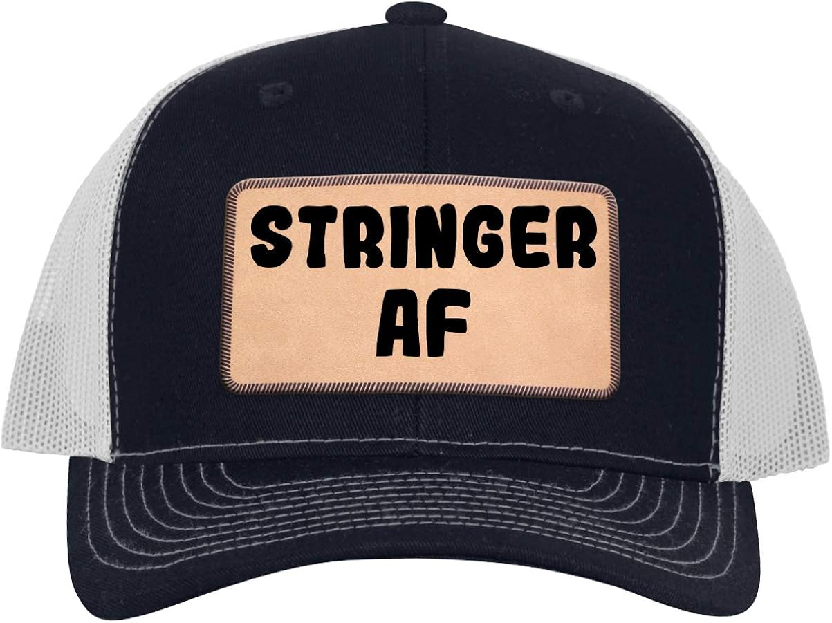 Stringer AF - Leather Light Brown Patch Engraved Trucker Hat, Navy ...