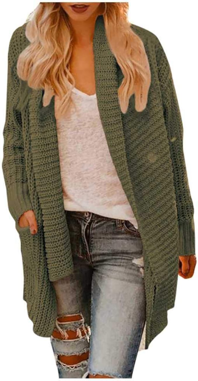 Lange Strickjacke für Damen, Herbst und Winter, solide Strickjacke mit langen Ärmeln, offene ...