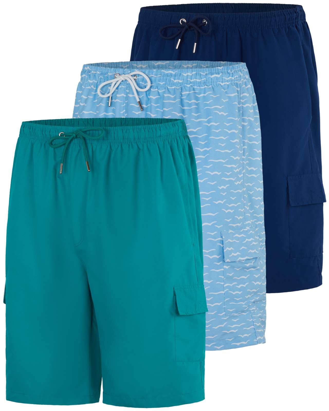 Real Essentials 3 Pack Mens Swim Suit Board Shorts Trunks Cargo Pockets ...