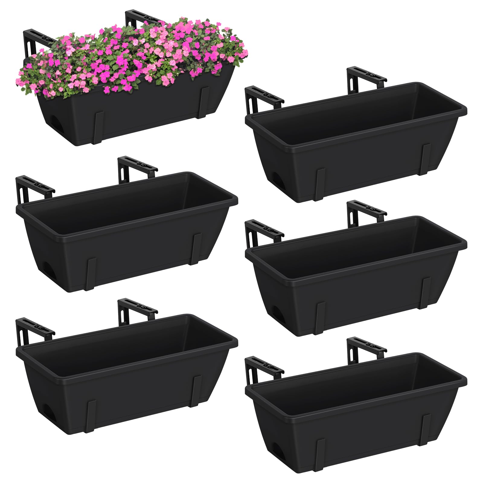 YBING Railing Planter Boxes 6 PCS Black Rectangle Railing Flower Box ...