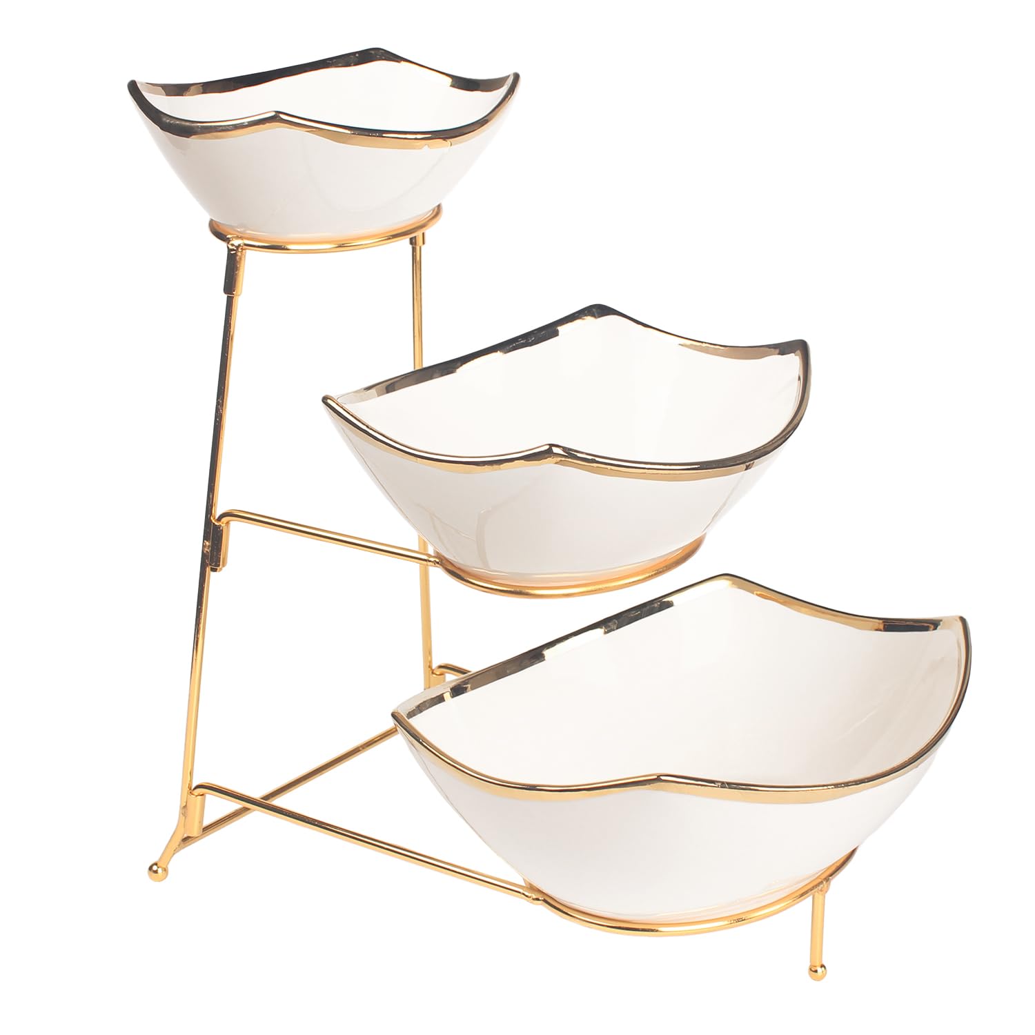 LIUYWYHCF 2-Tier Serving Rack with Ceramic Serving Bowls, Foldable Gold ...