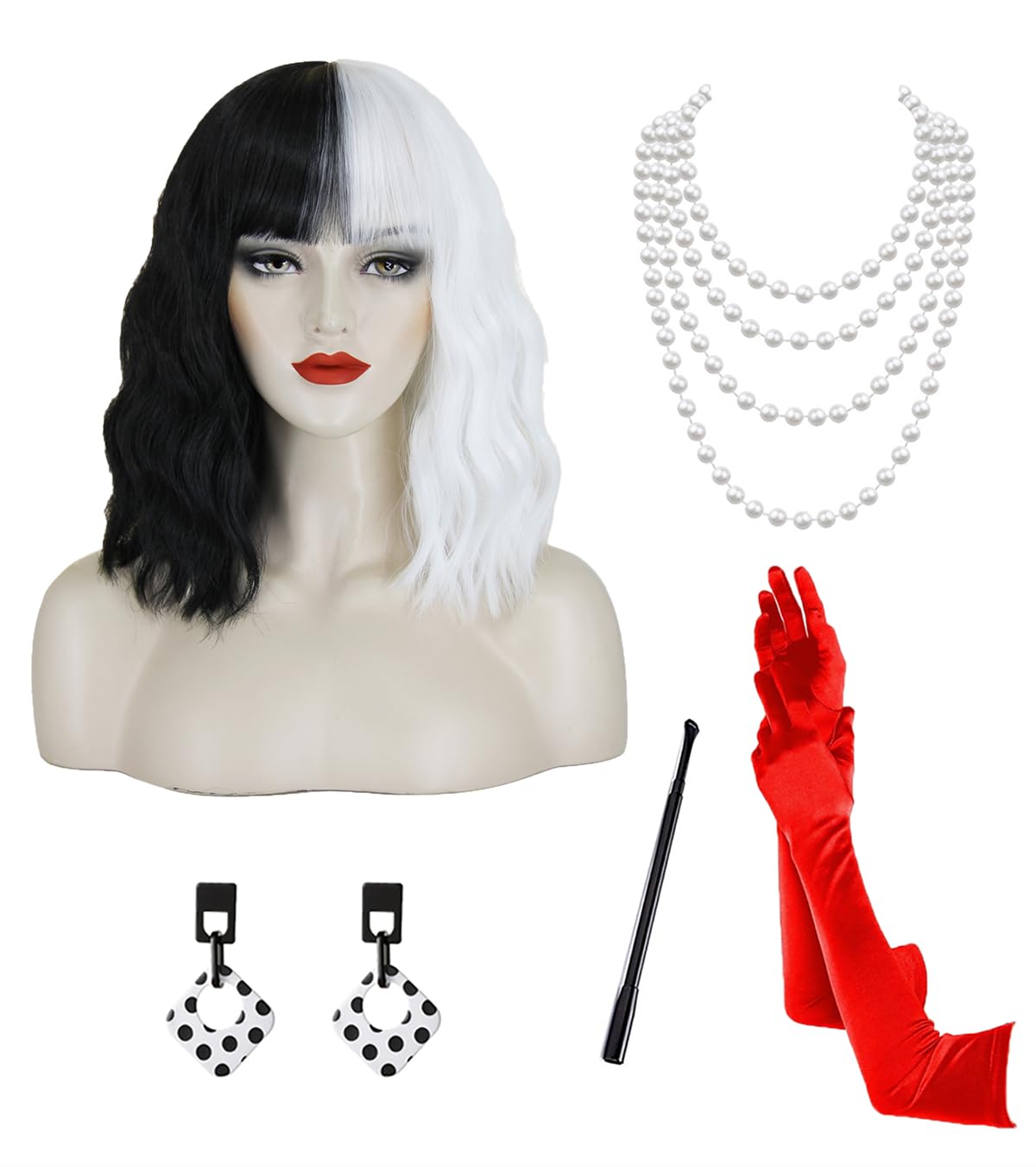 shecool 6pcs Accessories Wig Set for Cruella Deville Costume Women ...