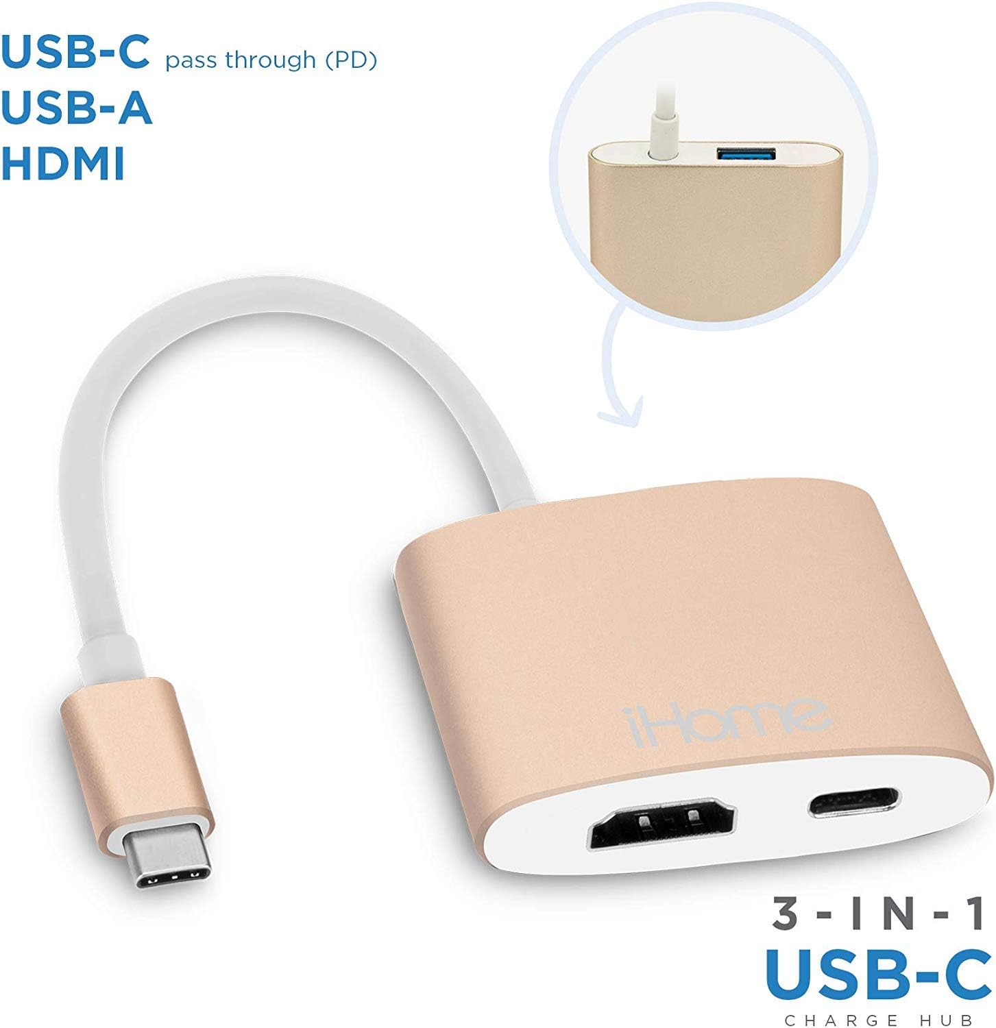Amazon.com: iHome 3-in-1 USB-C Adapter: Type-C Multiport Charging Hub ...