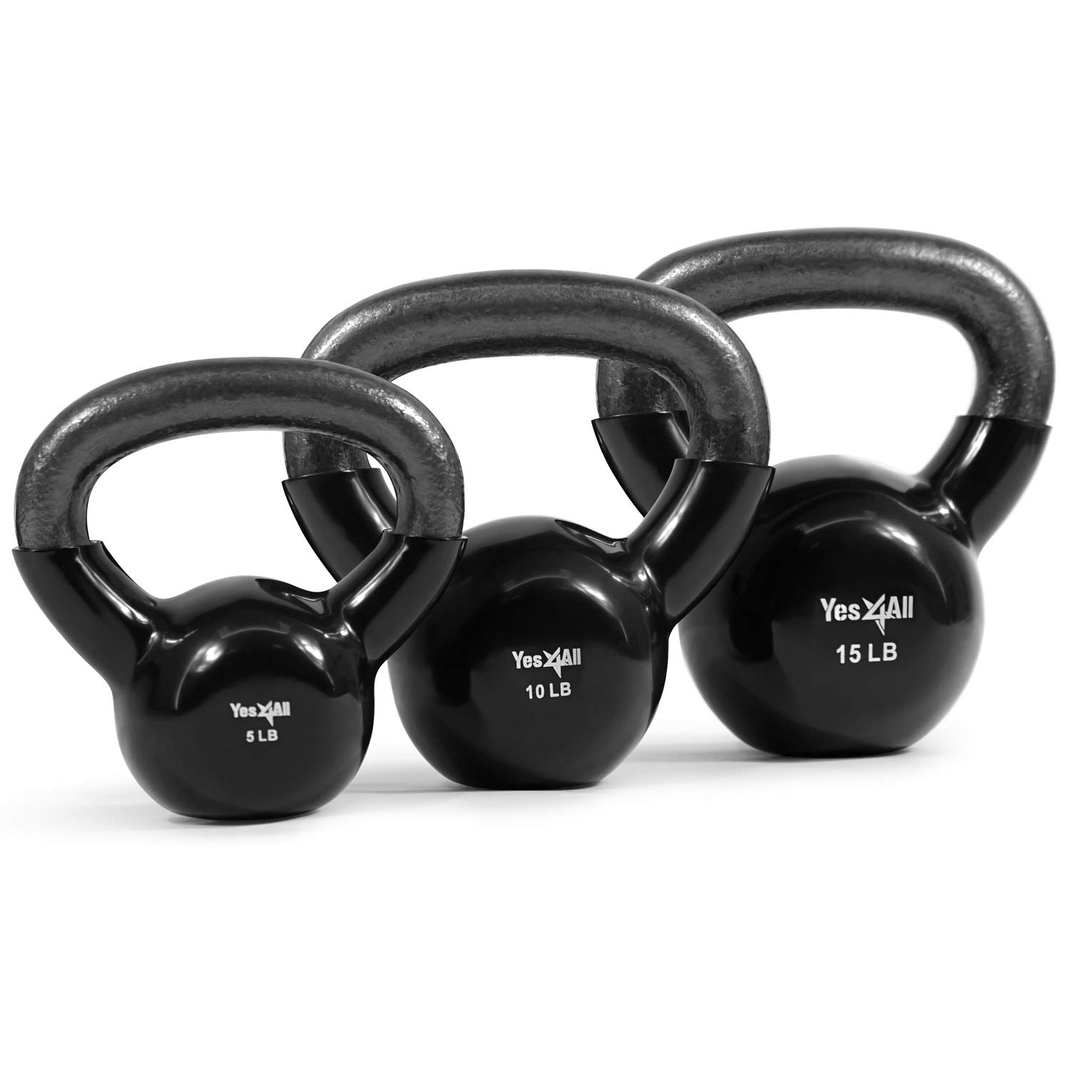 Yes4All Kettlebells 5 10 15 lbs Set Weight Vinyl Coated Cast Iron for Dumbbell Weights Exercises ...