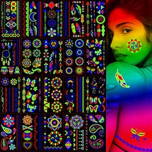 Amazon.com : Neon Temporary Tattoos 20 Large Sheets Glitter Styles ...