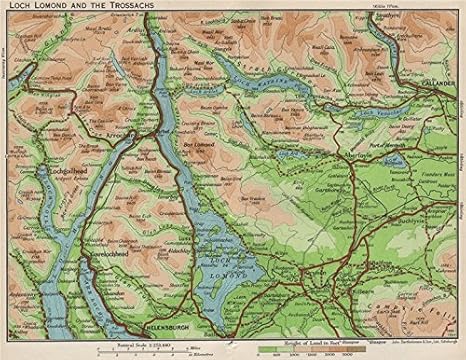 LOCH LOMOND & THE TROSSACHS. Vintage map. Helensburgh Callander ...