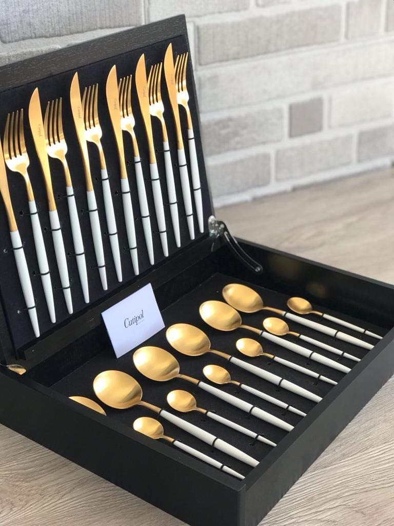 Conjunto de talheres Cutipol, 24 peças, ouro fosco, alça branca, aço ...