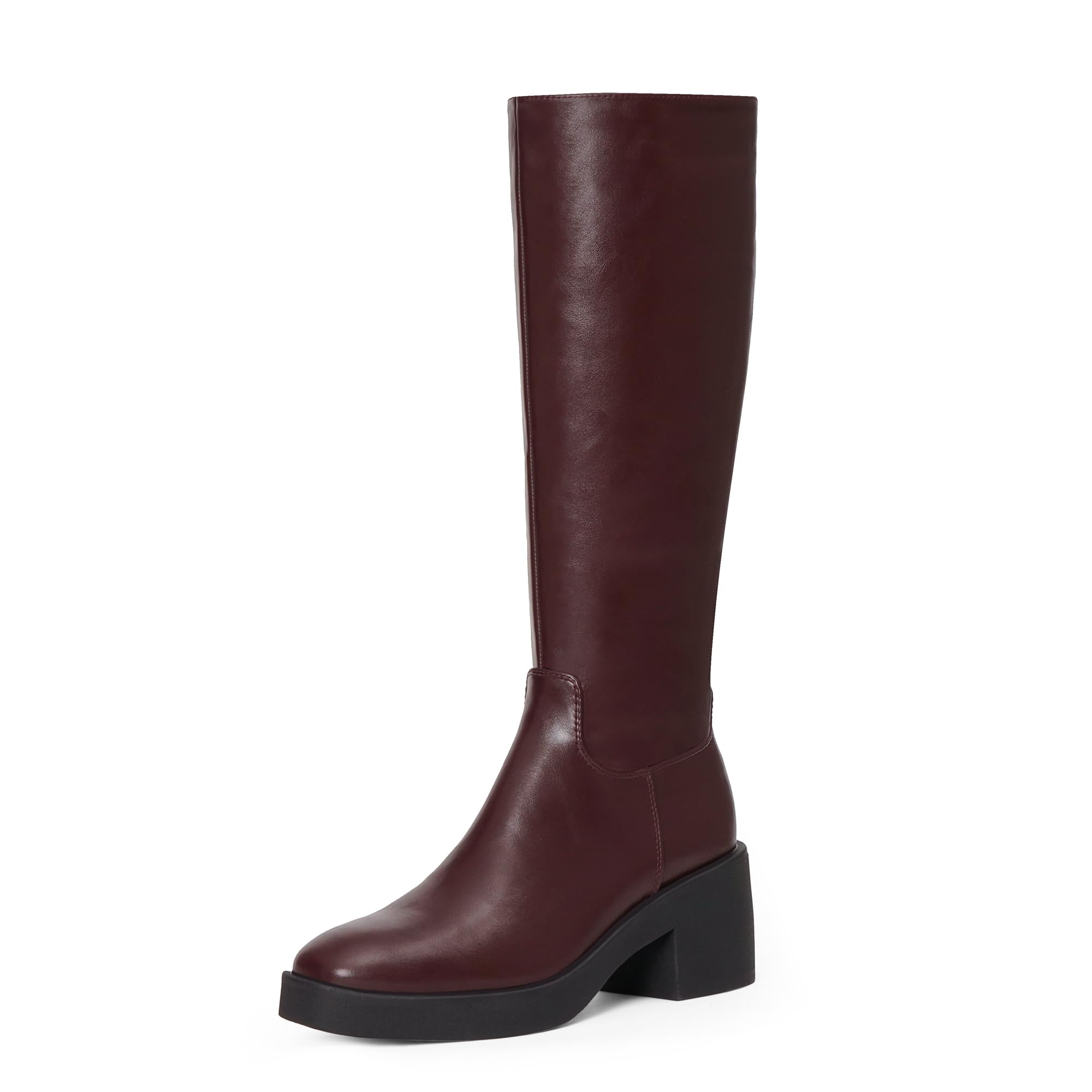 Modatope Platform Knee High Boots Burgundy Chunky Heel Sqaure Toe Boots ...