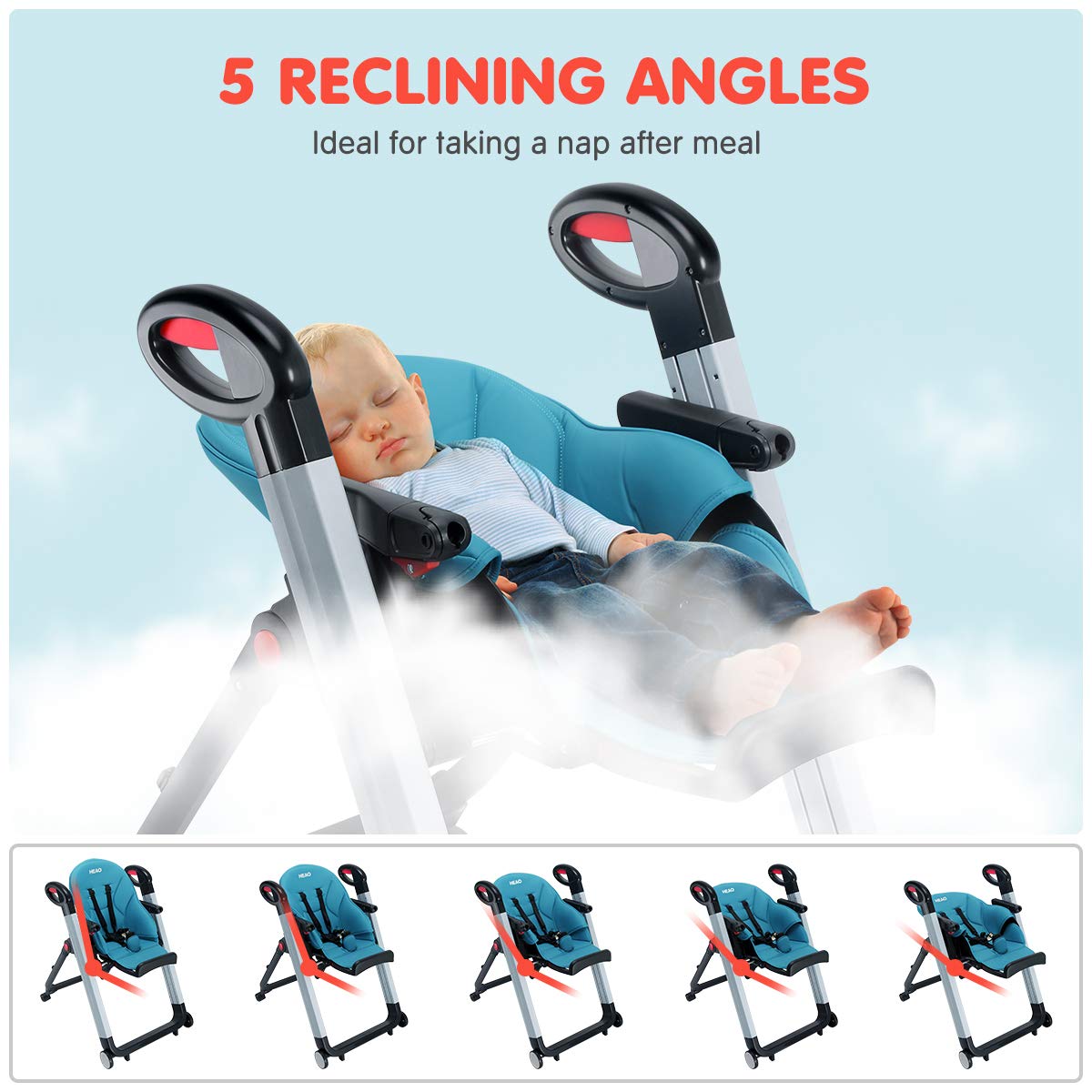 HEAO Foldable High Chair Reclining Height Adjustable 4 Wheels Blue ...