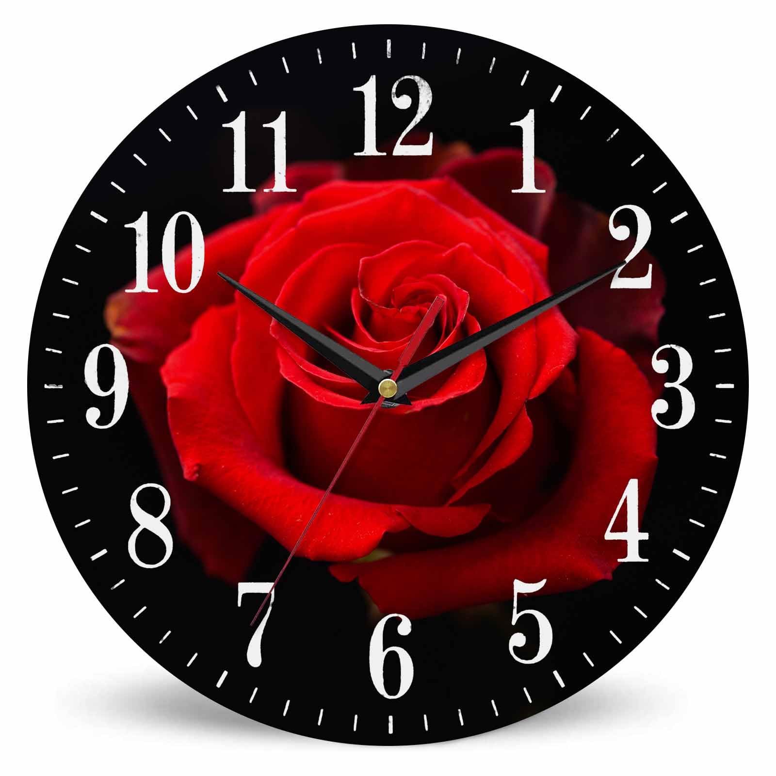 Mxocom Red Rose Wall Clock Nature Floral Petal Leaf Valentine's 10 Inch ...